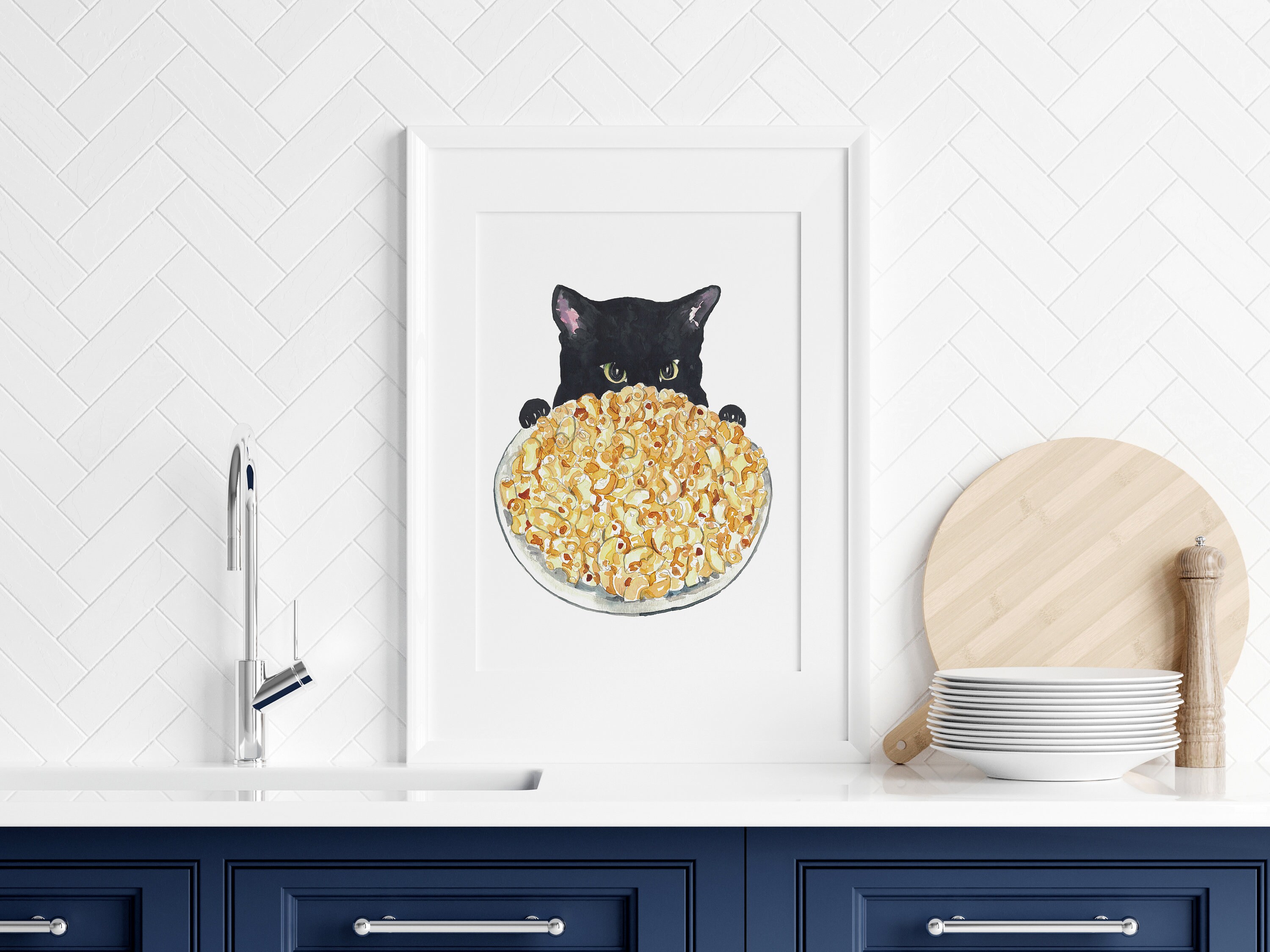 Macaroni Cat Painting Kitchen Wall Poster Watercolor Art Restaurant ...
