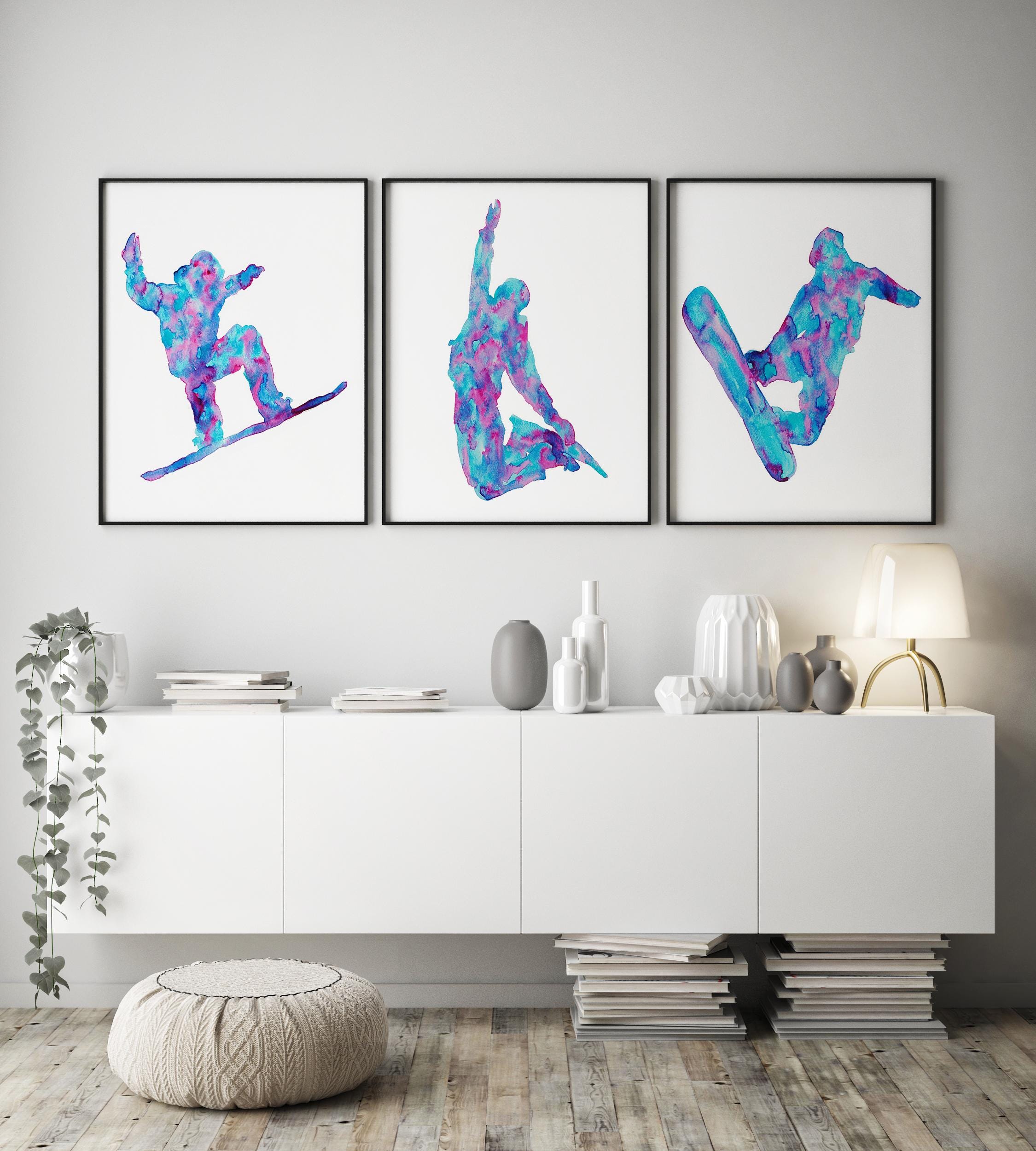 Set of 3 Snowboard Art Print Watercolor Painting Gift Drawing Studio ...