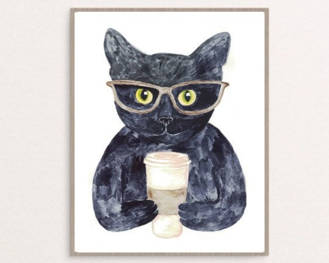 Cat Drinking Coffee Painting Kitchen Wall Poster Watercolor Art ...