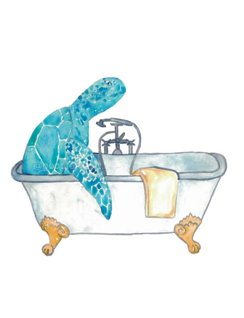 Sea Turtle Taking Bath Watercolor Painting Print Art Bathroom Room ...