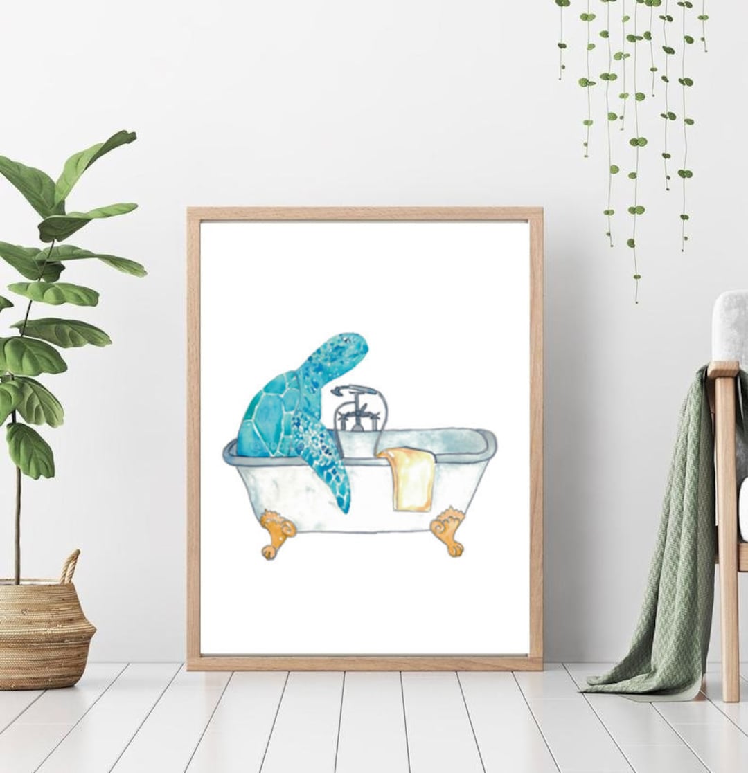 Sea Turtle Taking Bath Watercolor Painting Print Art Bathroom Room ...