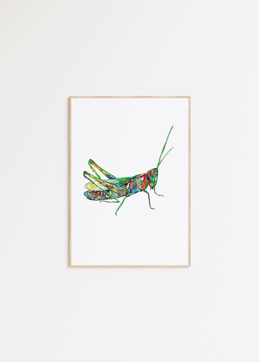 Grasshopper Painting Watercolour Ink Iridescent Green Wall Art Bug ...