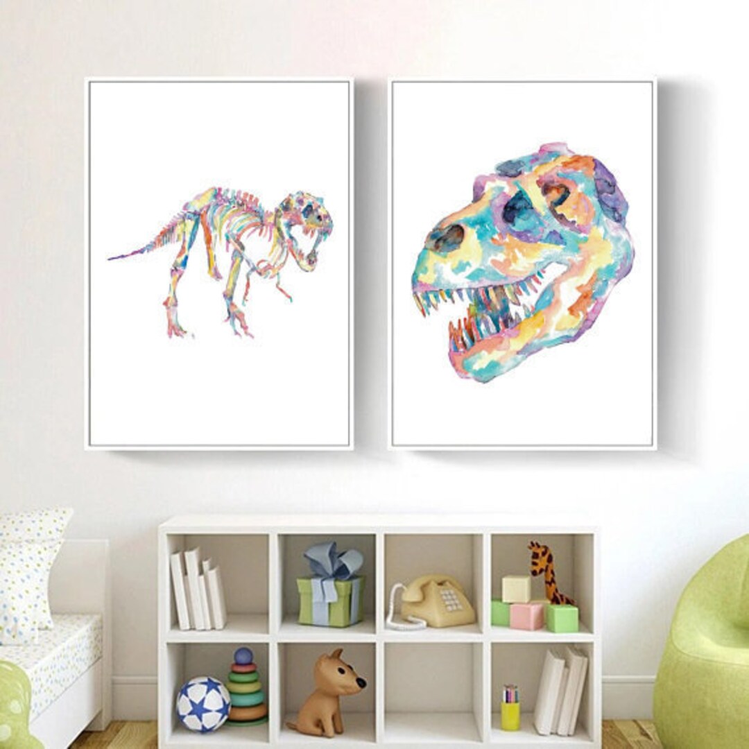 Set of 2 T-rex Dinosaur Painting Watercolour Dino Trex Bones Skeleton ...