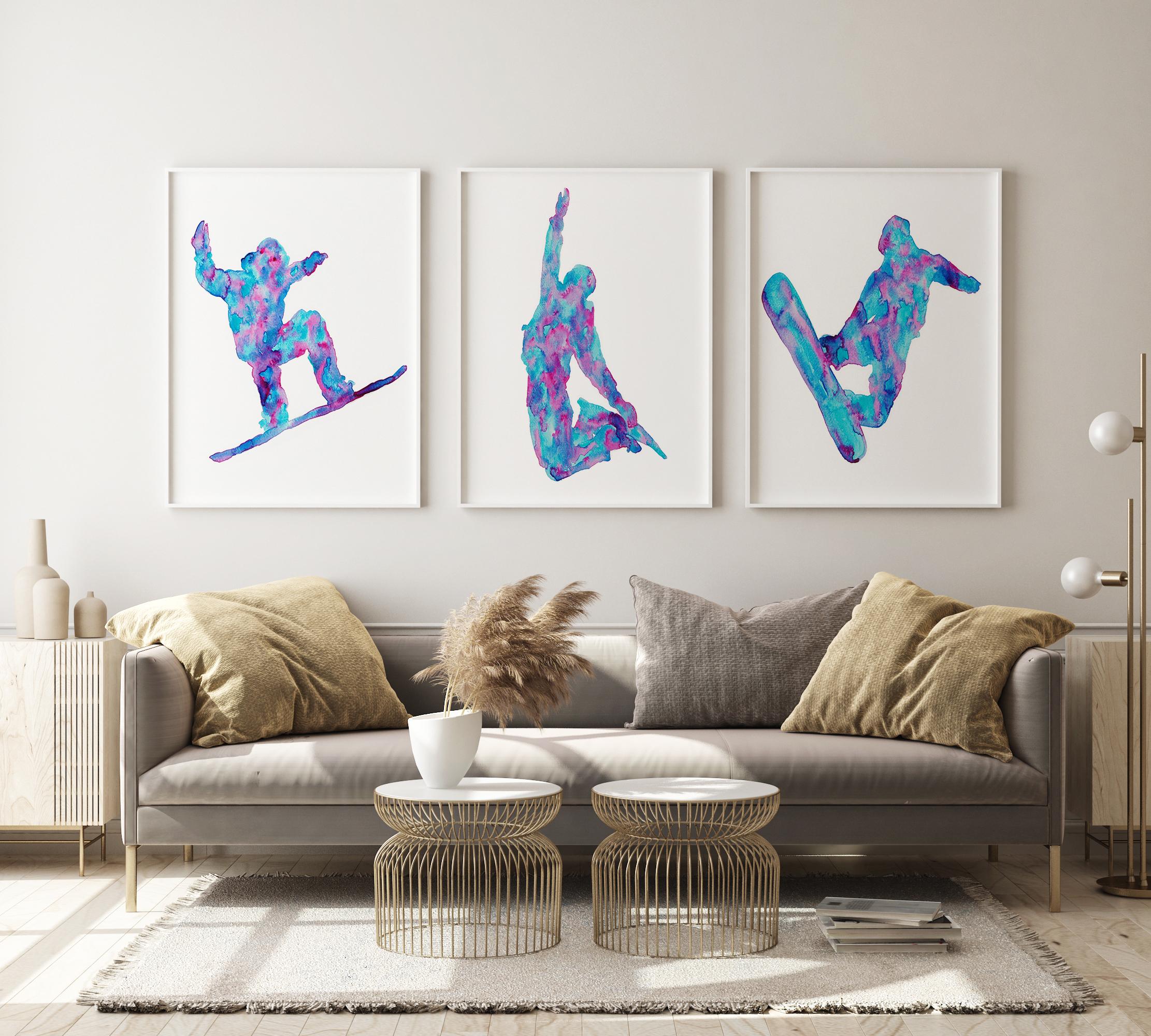 Set of 3 Snowboard Art Print Watercolor Painting Gift Drawing Studio ...