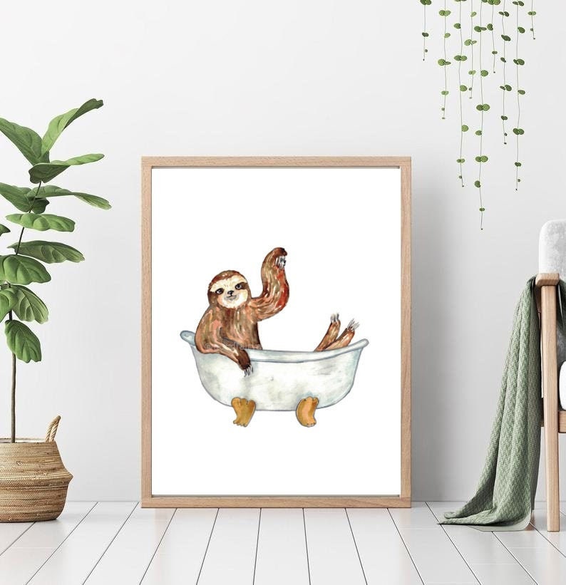 Sloth Taking Bath Watercolor Painting Print Art Bathroom Room Washroom ...