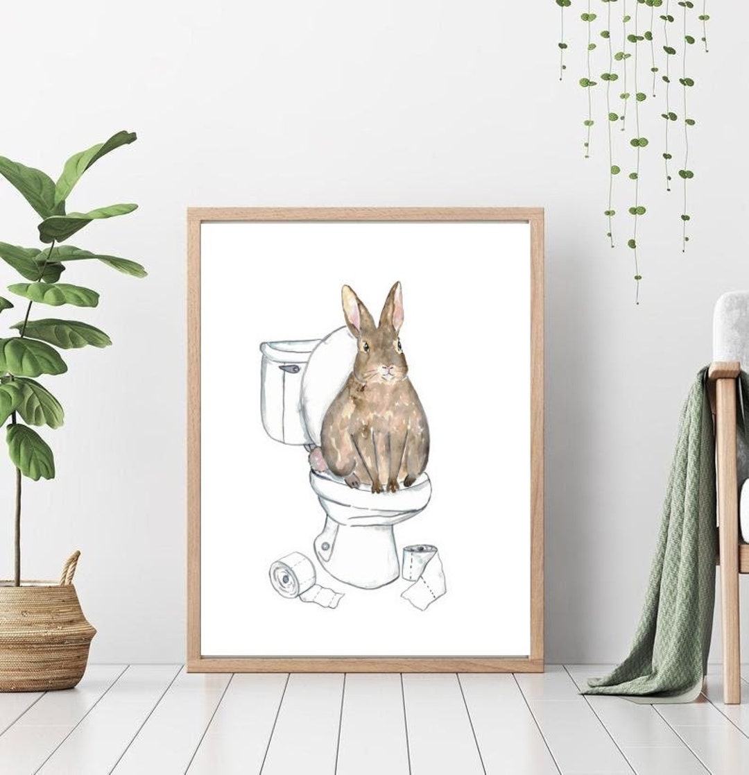 Rabbit Toilet Painting Wall Poster Watercolor Art Decor Print Pet ...