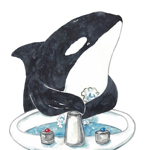Orca Whale Washing Hands Bath Watercolor Painting Print Art Bathroom ...