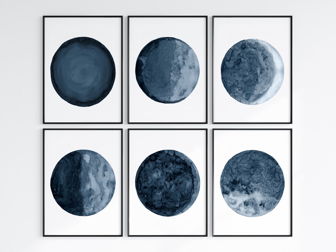 Moon Indigo Print Set of 6 Prints Watercolor Painting Print Moon Phases ...