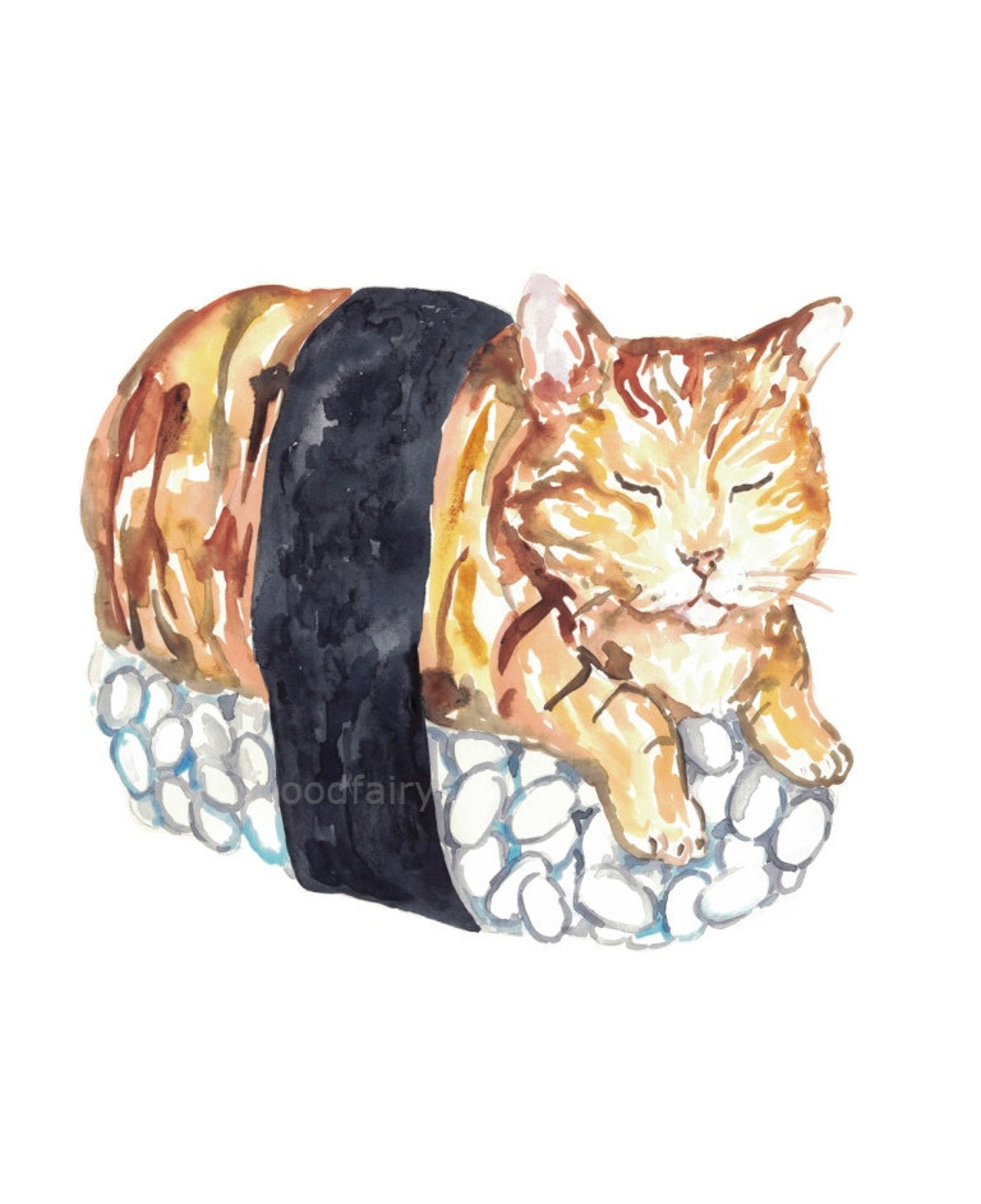 Sushi cat Painting Kitchen Wall Poster Watercolor Art | Etsy