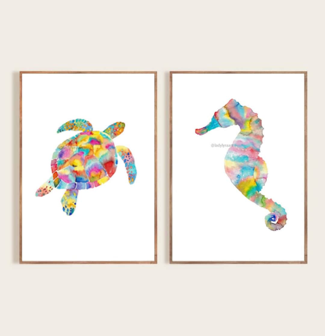 Set of 2 Sea Turtle and Sea Horse Watercolor Painting Print Art, Animal ...