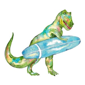 T-rex Surfing Dinosaur Painting Watercolour Dino Trex Wall Art Rainbow ...