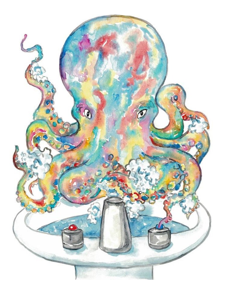 Octopus Washing Hands Bath Watercolor Painting Print Art - Etsy