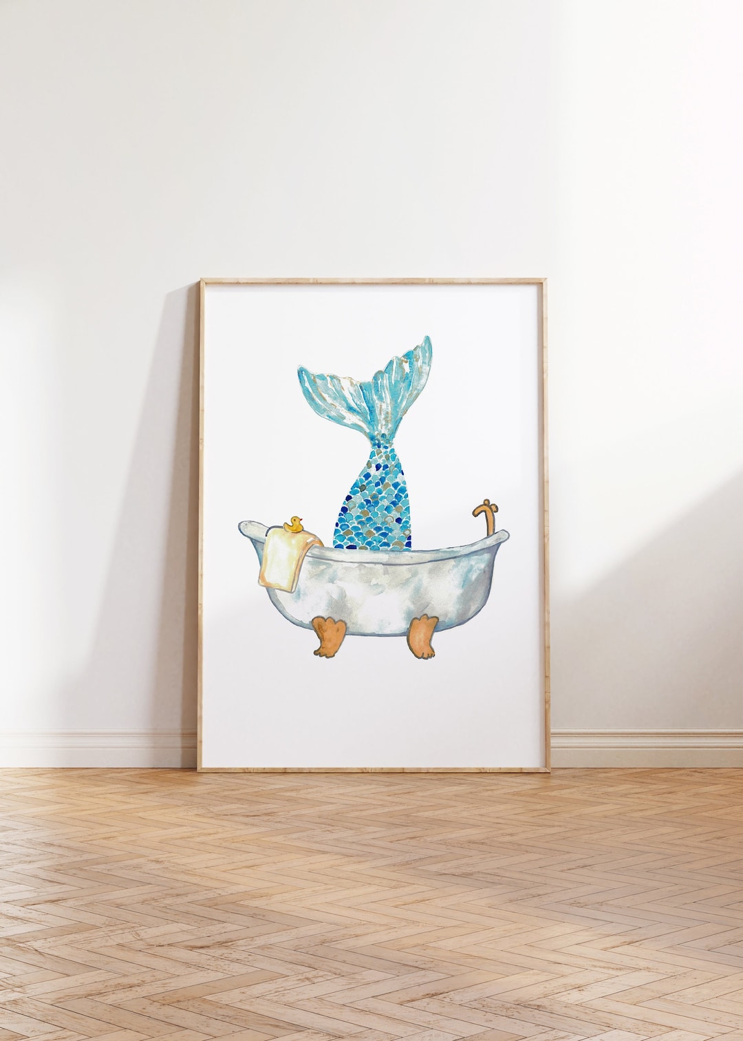 Mermaid Taking Bath Painting Watercolour Bathroom Blue Wall Art Room ...