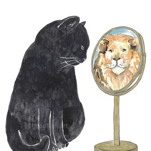 Black Cat Looking in Mirror Painting Wall Poster Watercolor Art Decor ...