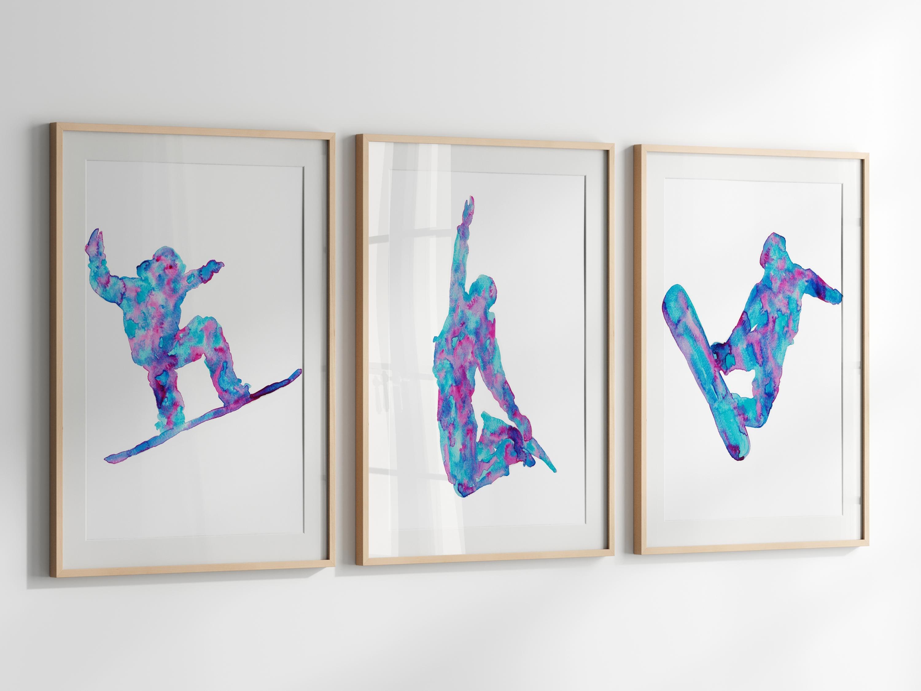 Set of 3 Snowboard Art Print Watercolor Painting Gift Drawing Studio ...