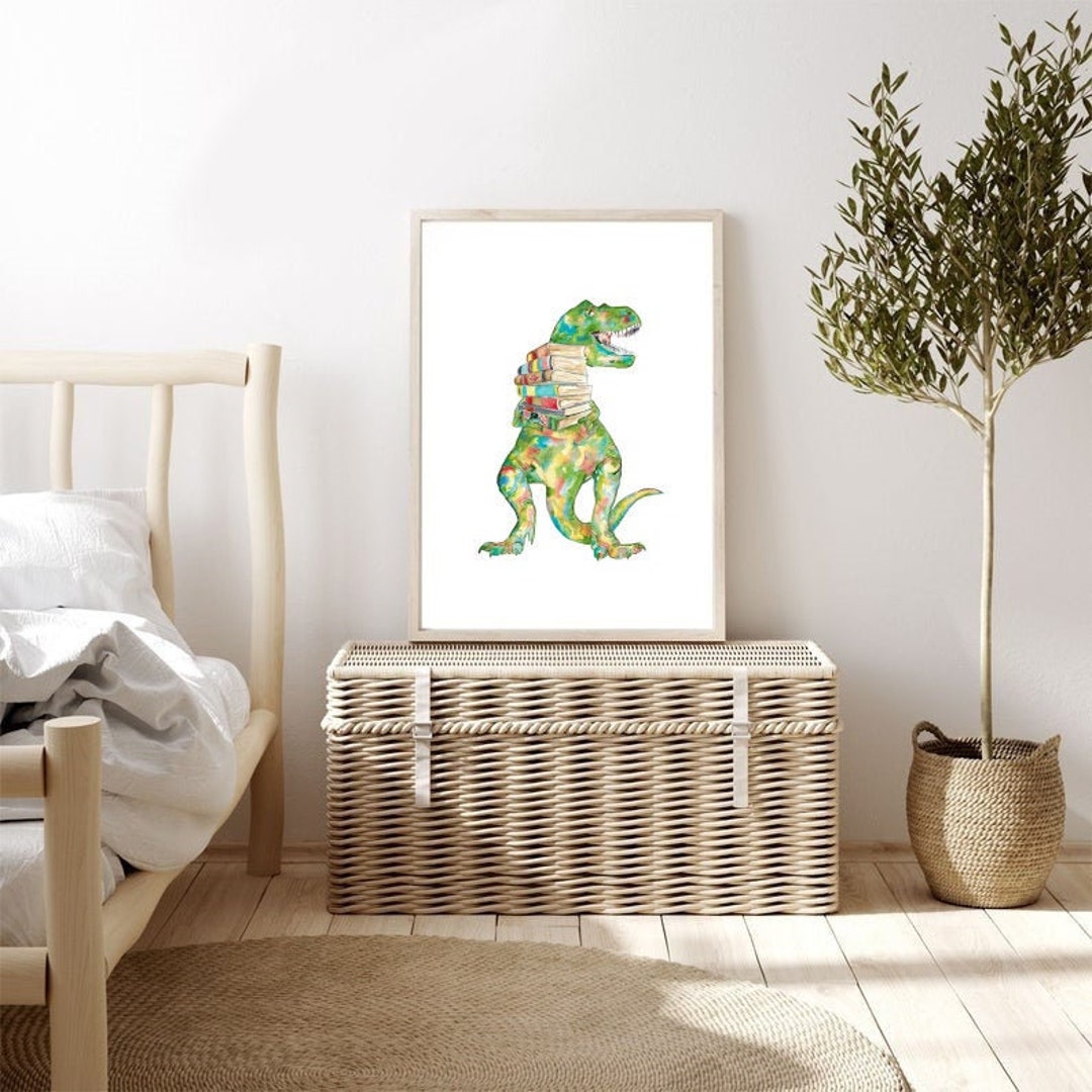Gig Dino Trex Reading Book Library Painting Wall Poster Watercolor Art ...