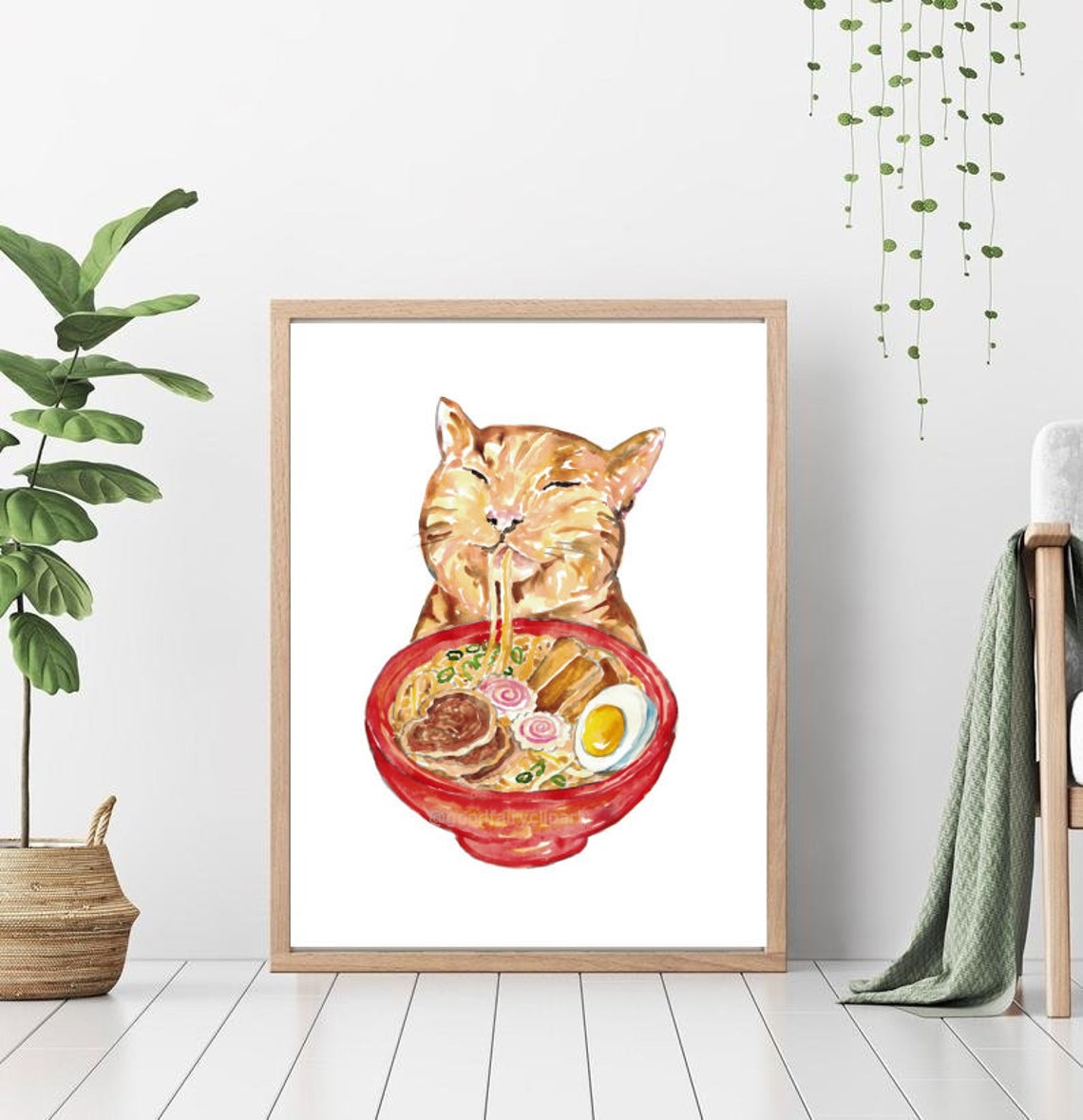 Cat Eating Noodles Painting Kitchen Wall Poster Watercolor Art | Etsy