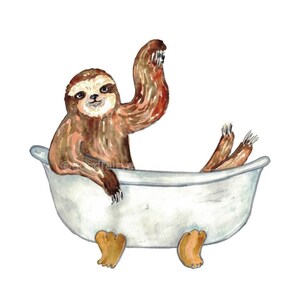 Sloth Taking Bath Watercolor Painting Print Art Bathroom Room Washroom ...