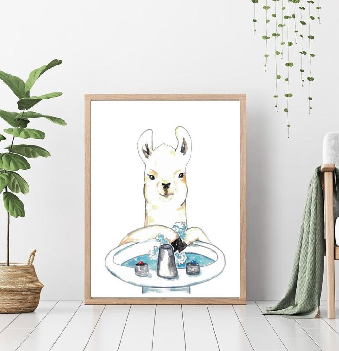 Llama Washing Hands Bath Watercolor Painting Print Art Bathroom Room ...