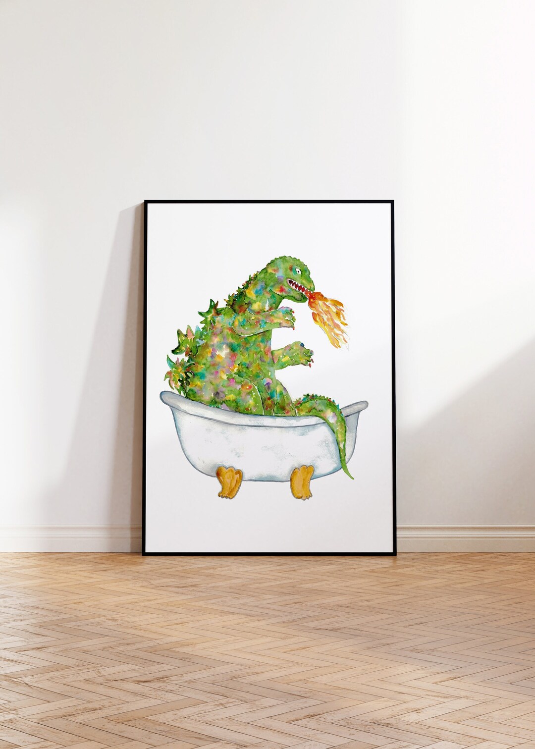 Godzilla Taking Bath Painting Watercolour Dino Green Bathroom Dinosaur ...