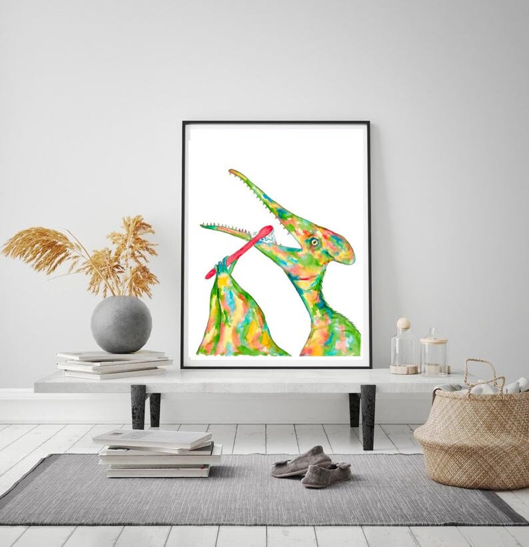 Pterodactyl Brushing Teeth Dinosaur Painting Watercolour Dino Bathroom ...