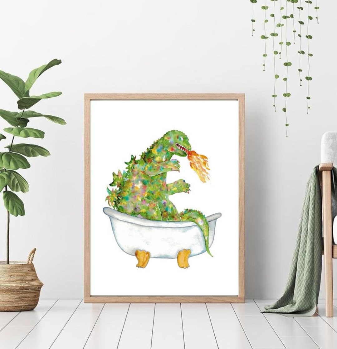 Godzilla Taking Bath Painting Watercolour Dino Green Bathroom - Etsy