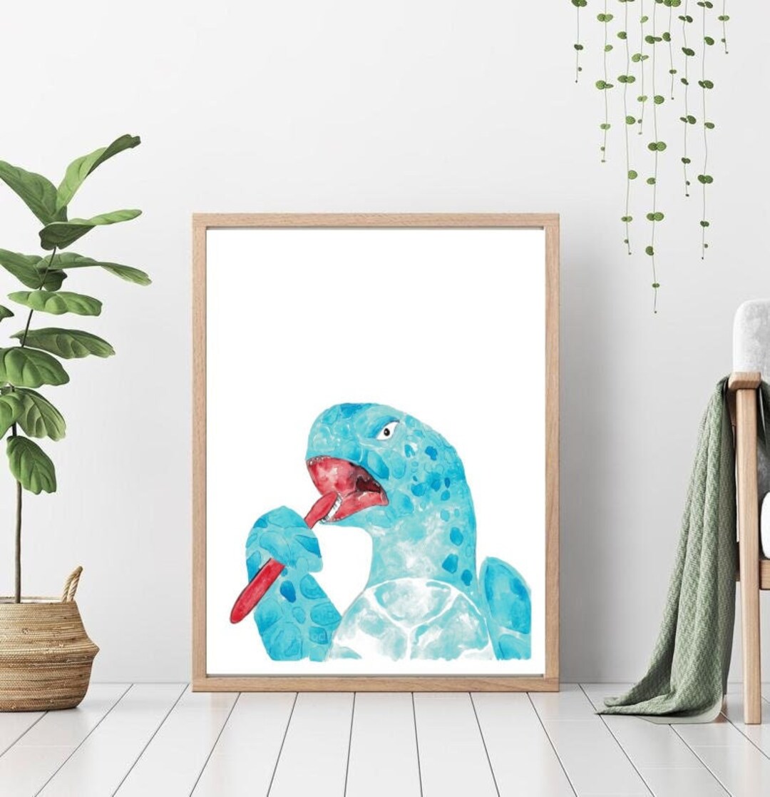 Sea Turtle Brushing Teeth Bath Watercolor Painting Print Art Bathroom ...