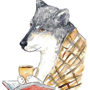 Wolf Reading Book Watercolor Painting Print Art Wall Poster Decor ...