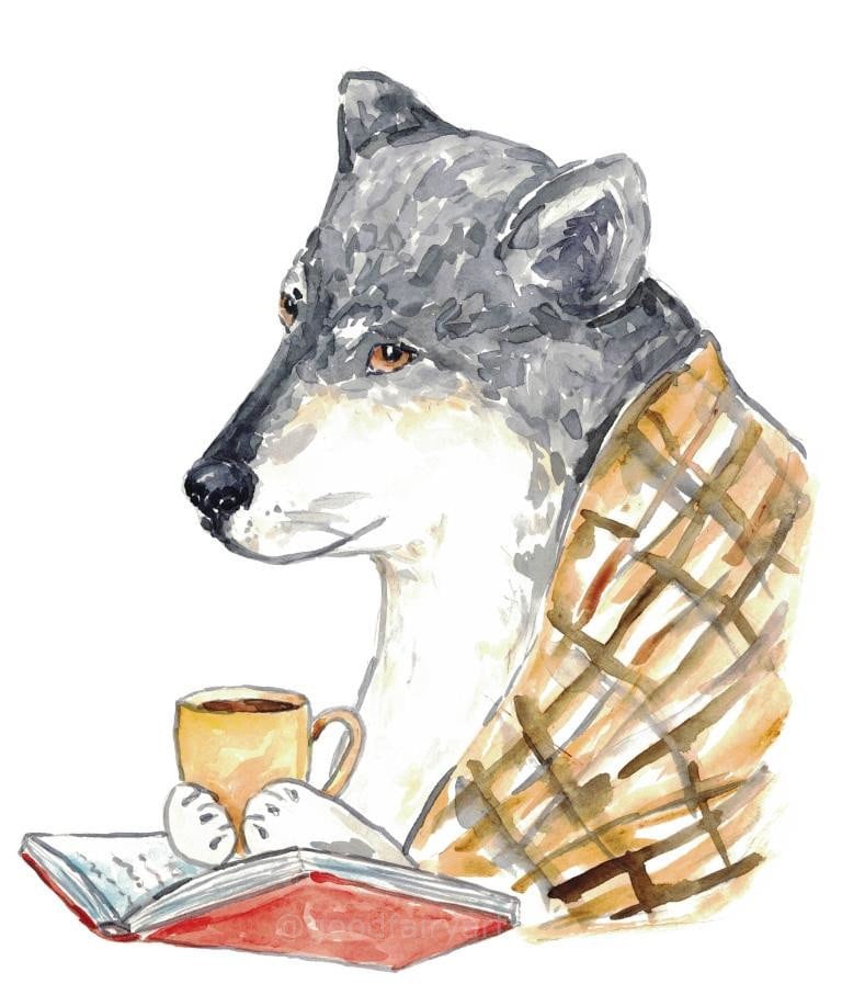 Wolf Reading Book Watercolor Painting Print Art Wall Poster Decor ...