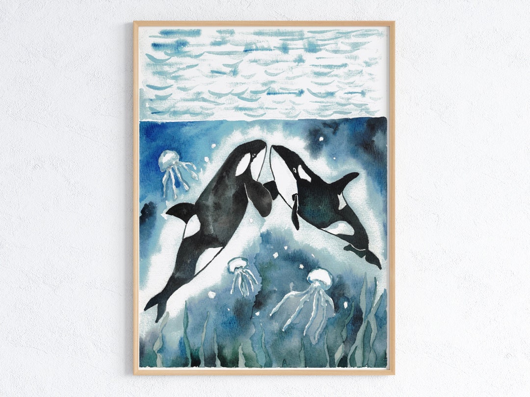 Orca Watercolor Painting Print Art, Animal, Illustration, Whale Grey ...