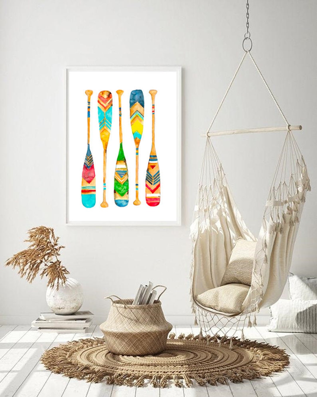 Colorful Oars Print Kids Room Wall Decor Painting Watercolour Ink Canoe ...