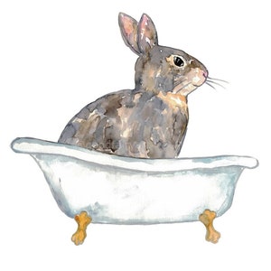 Rabbit Taking Bath Watercolor Painting Print Art Bunny Bathroom Room ...