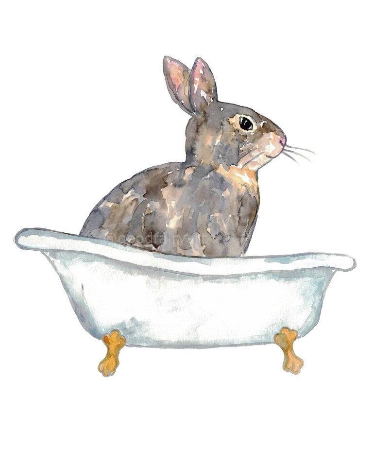 Rabbit taking bath watercolor painting print art bunny | Etsy