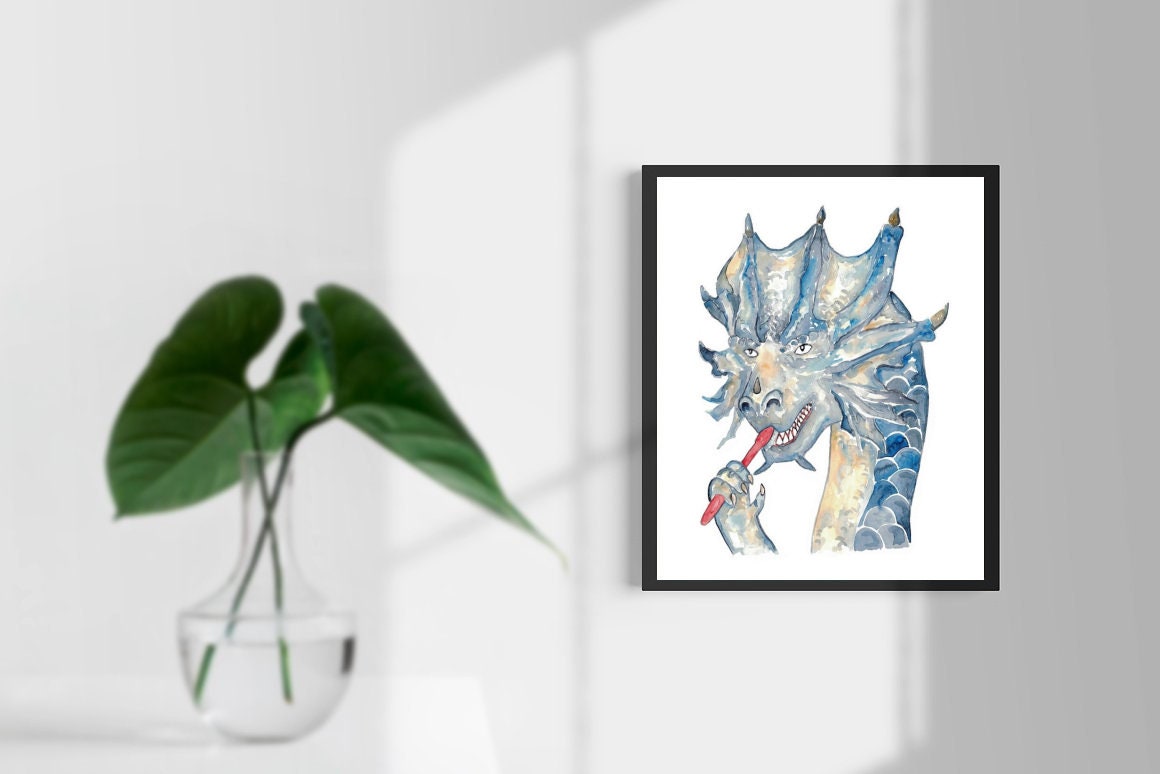 Dragon Brushing Teeth Painting Watercolour Bathroom Wall Art | Etsy