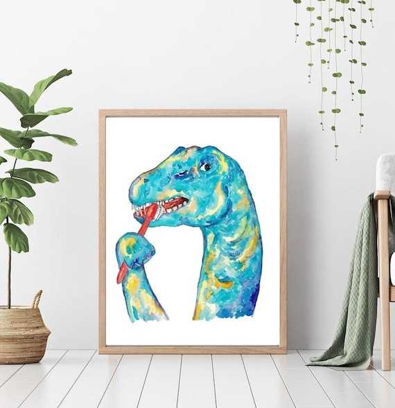 Brontosaurus brushing teeth dinosaur painting watercolour dino | Etsy