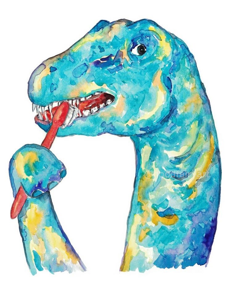 Brontosaurus Brushing Teeth Dinosaur Painting Watercolour Dino ...