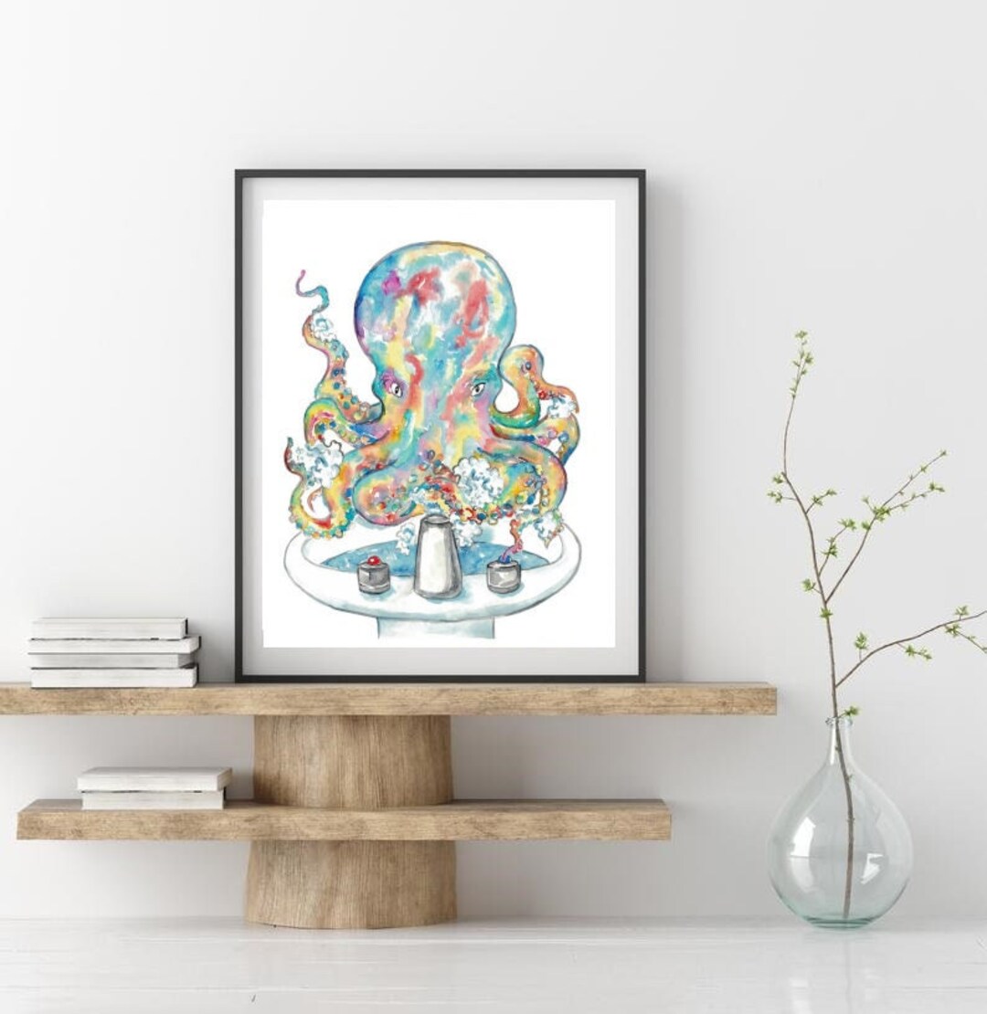 Octopus Washing Hands Bath Watercolor Painting Print Art Bathroom Room ...