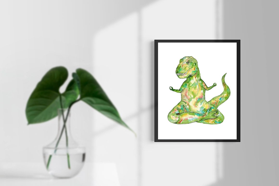 T-rex Yoga Dinosaur Painting Watercolour Dino Trex Wall Art Watercolor ...