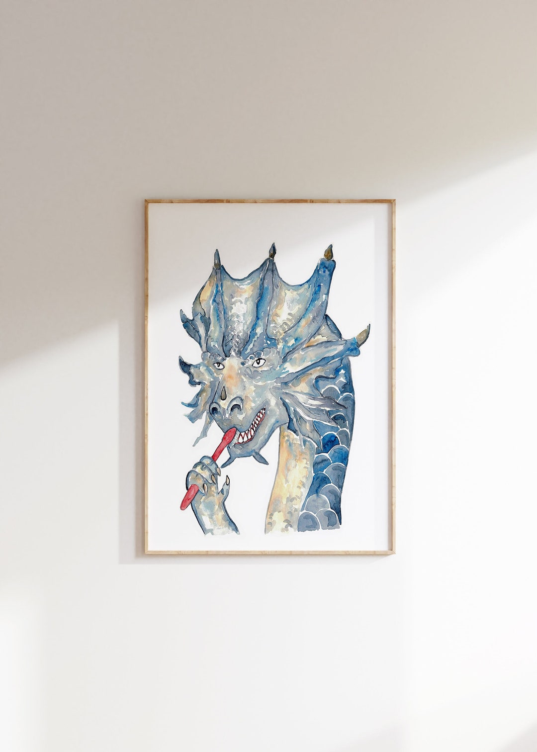 Dragon Brushing Teeth Painting Watercolour Bathroom Wall Art Room ...