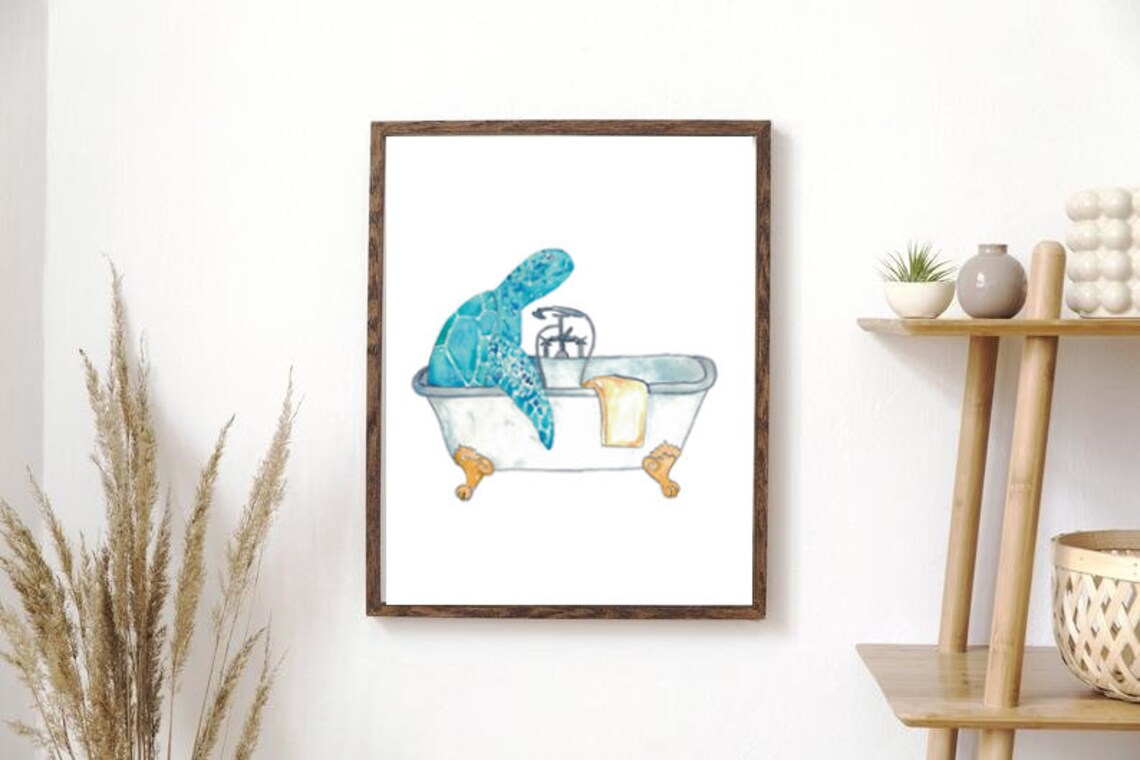 Sea Turtle Taking Bath Watercolor Painting Print Art Bathroom Room ...