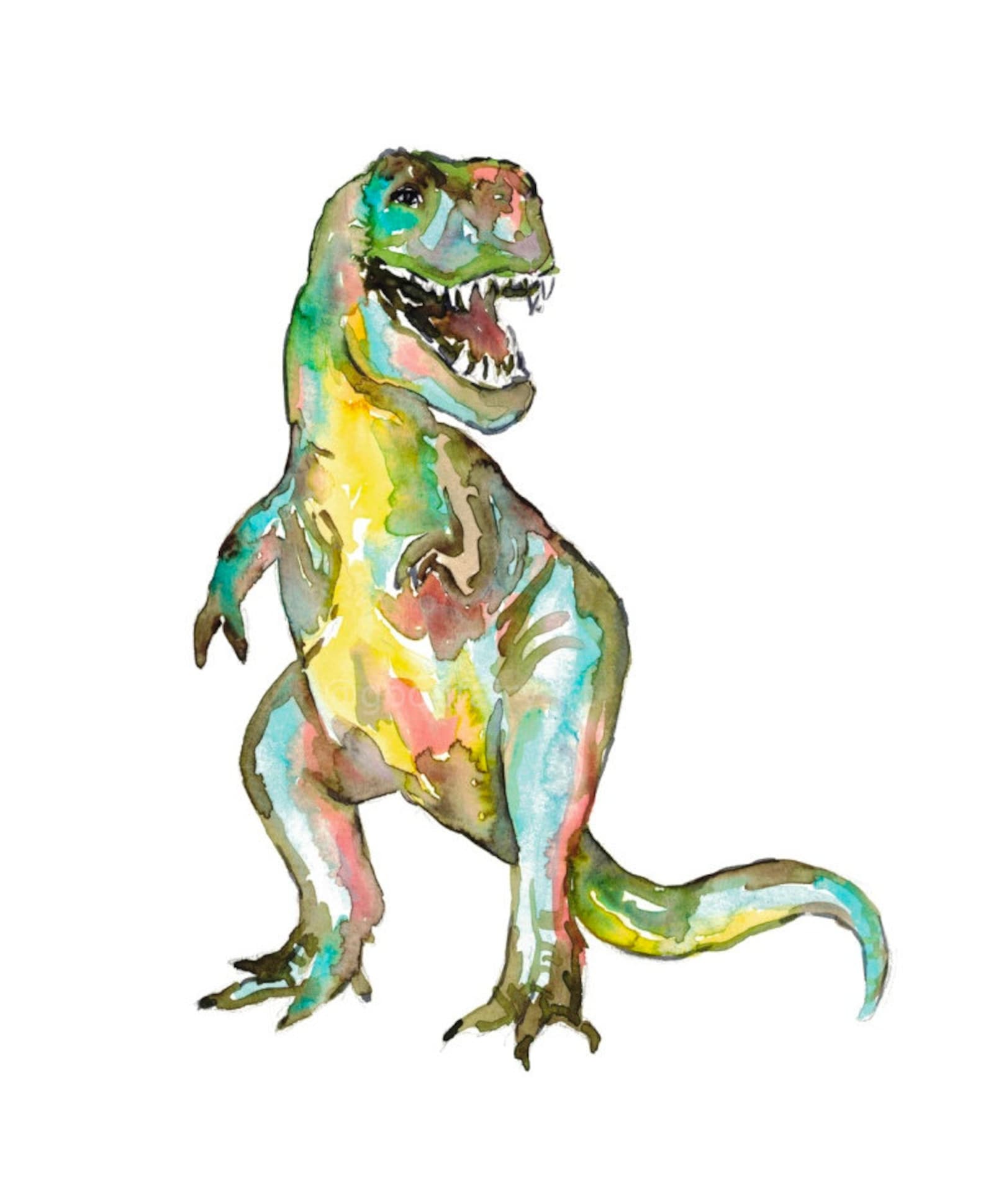 T-rex Dinosaur Painting Watercolour Dino Trex Iridescent Green - Etsy