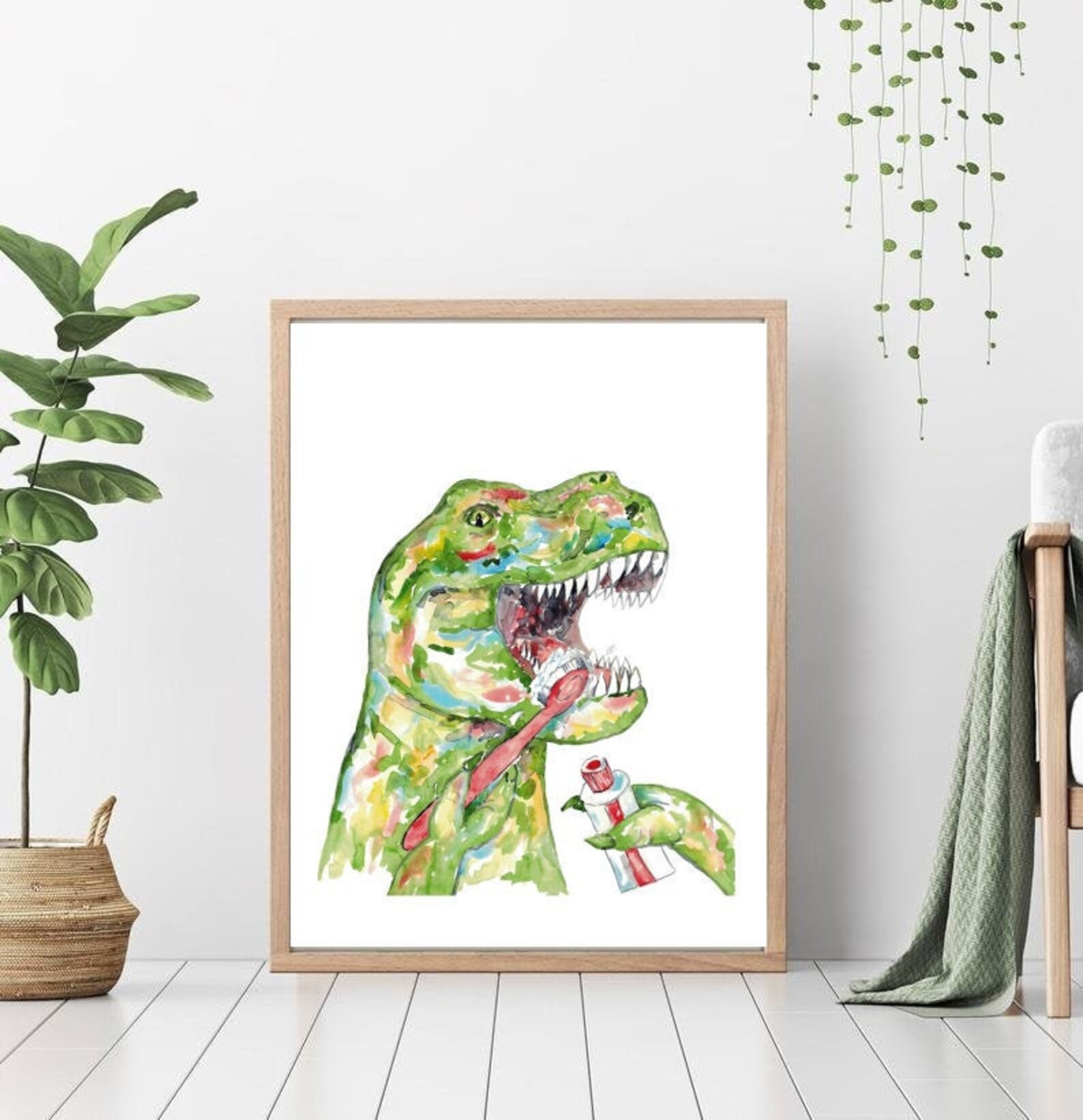 T-rex Brushing Teeth Dinosaur Painting Watercolour Dino Trex - Etsy