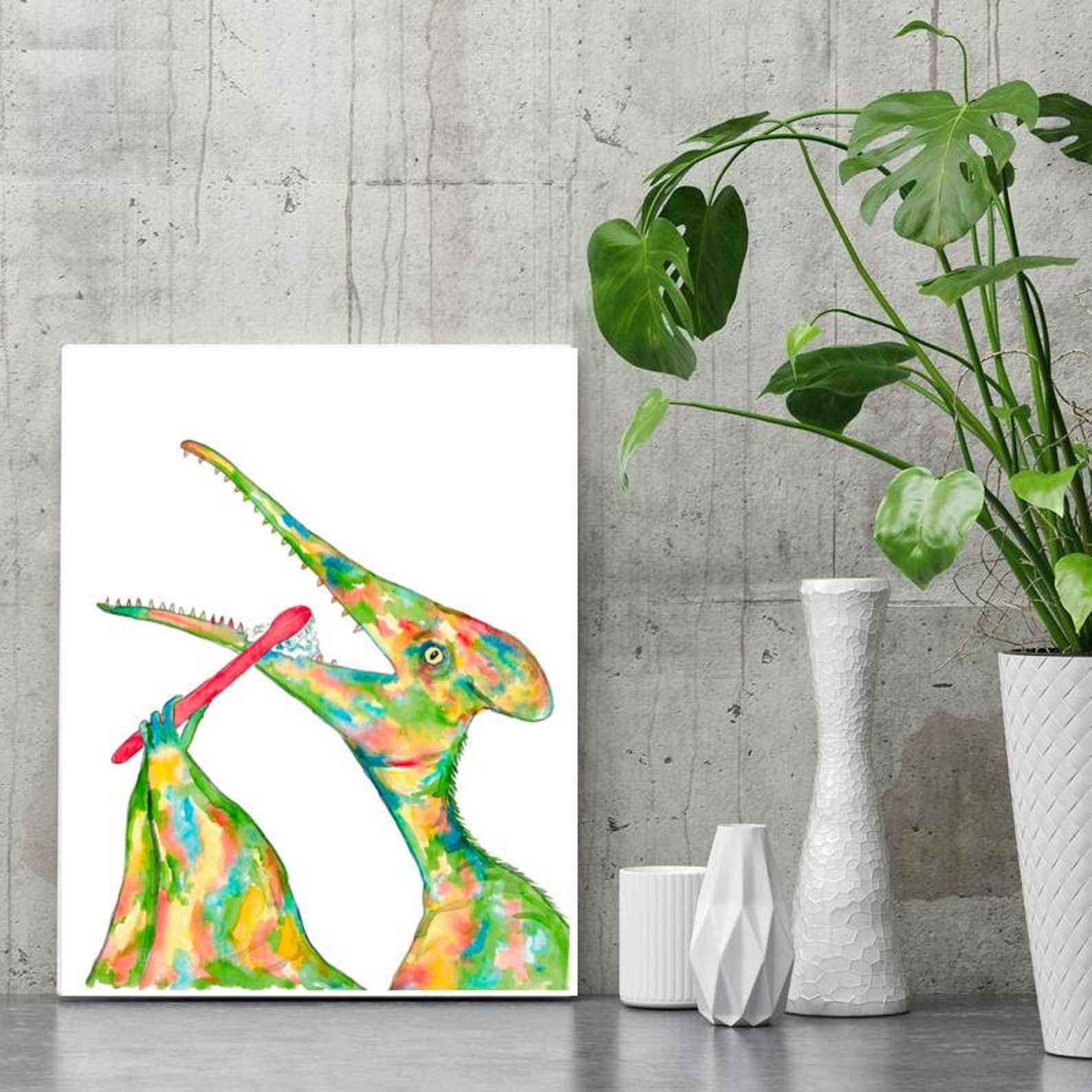 Pterodactyl Brushing Teeth Dinosaur Painting Watercolour Dino - Etsy