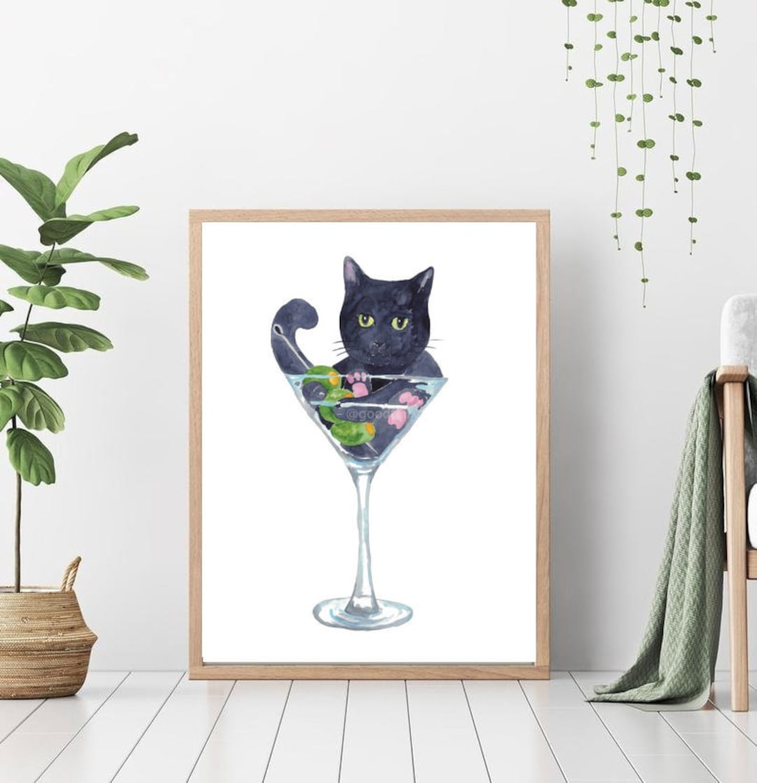 Cat Drinking Martini Painting Kitchen Wall Poster Watercolor Art ...