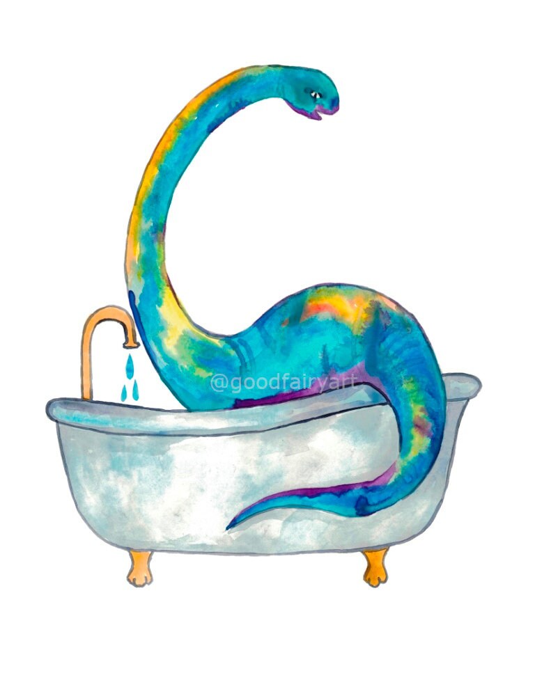 Brontosaurus Taking Bath Dinosaur Painting Watercolour Dino Bathroom ...