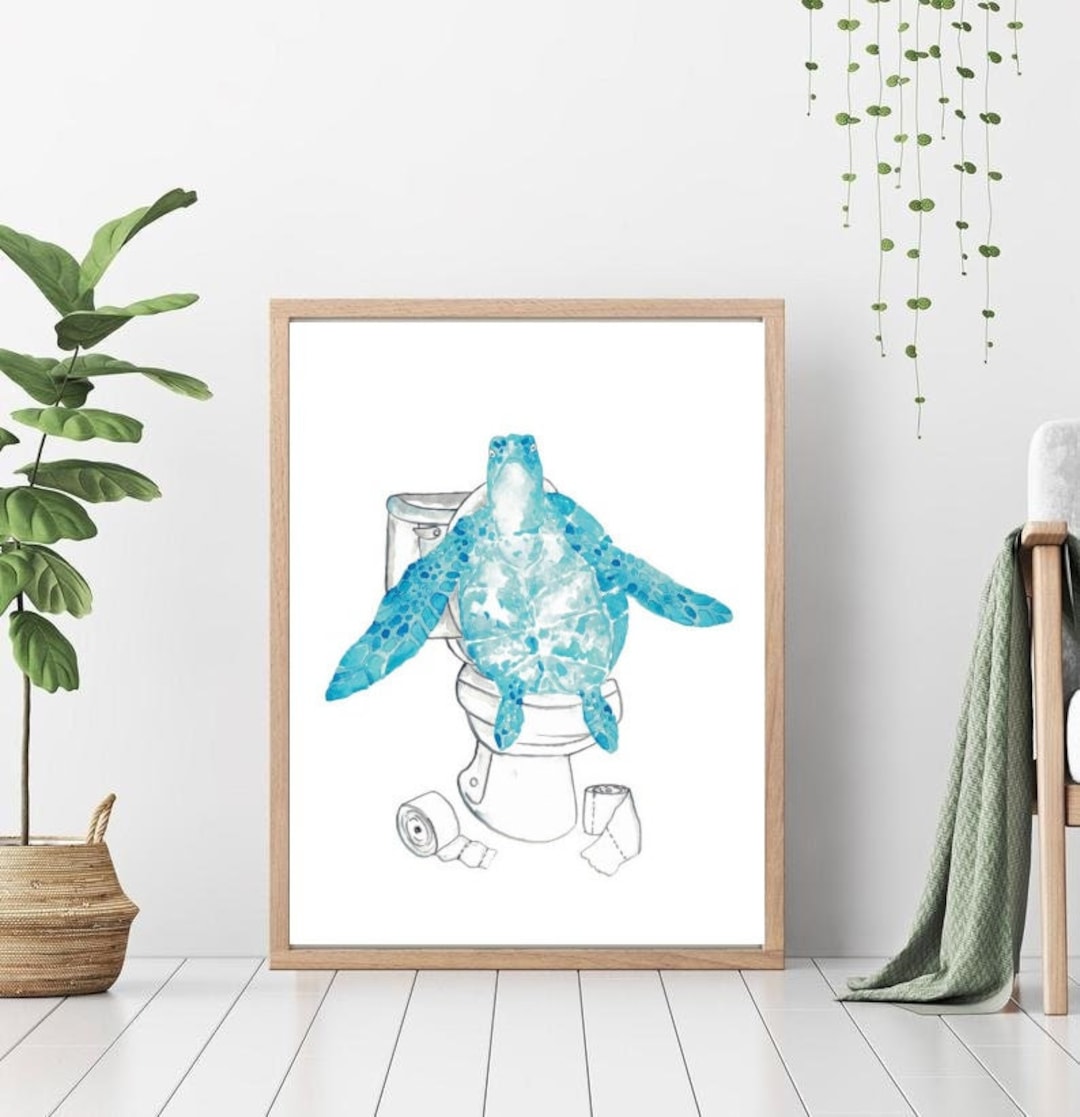 Sea Turtle in the Bathroom Painting Watercolour Ocean Washroom Wall Art ...