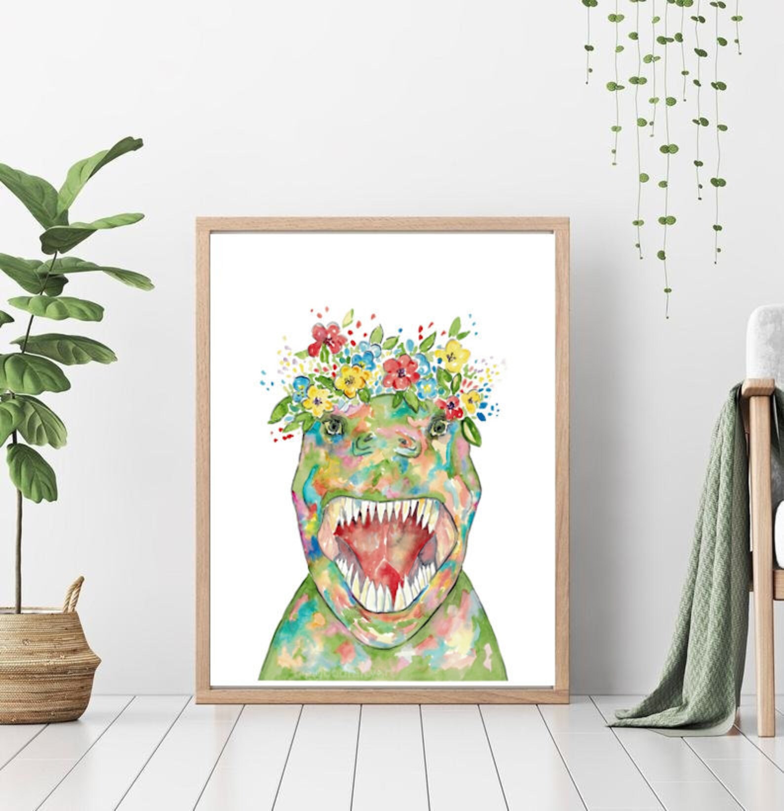 T-rex With Flower Wreath Dinosaur Painting Watercolour Dino Trex Wall ...