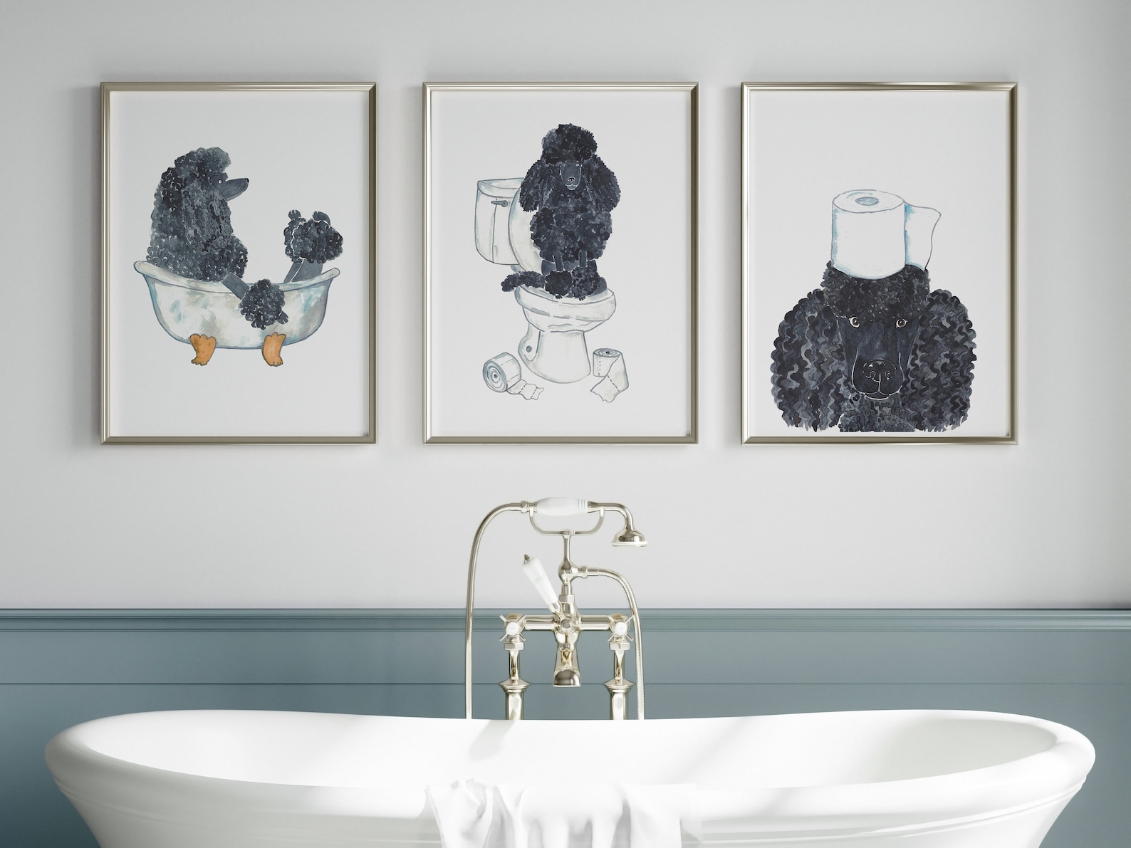 Set of 3 Black Poodle Dog Toilet Painting Wall Poster Watercolor Art ...