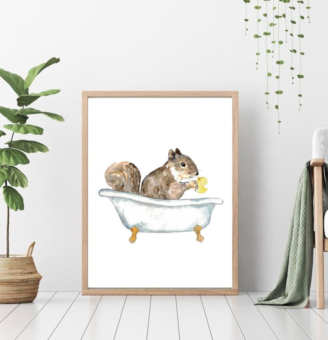 Squirrel Taking Bath Watercolor Painting Print Art Bathroom Room ...