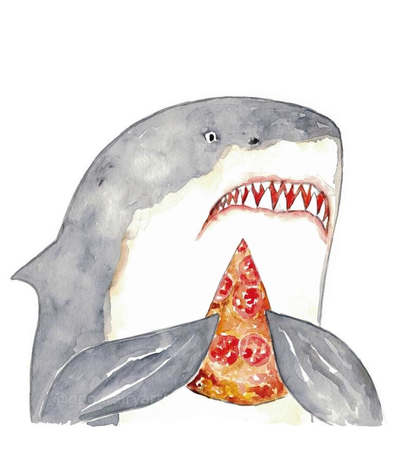Shark Pizza Watercolor Painting Print Art Animal Illustration | Etsy